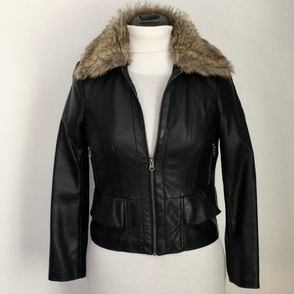 Cherokee | Jackets & Coats | Black Faux Leather Jacket Size Lg Faux Fur ...